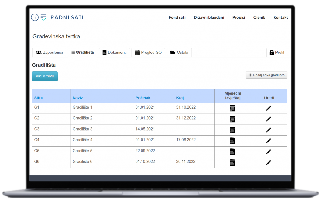 Evidencija radnog vremena za građevinske tvrtke - Radni Sati